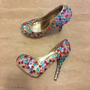 Shiekh | Shoes | Multi Color Beaded Rhinestone Metallic Heels | Poshmark